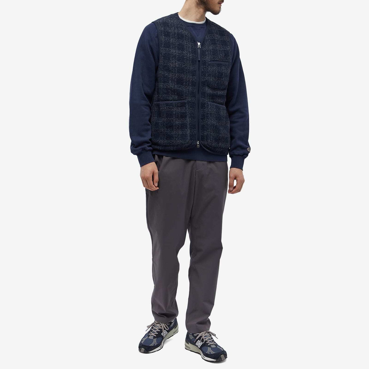 Universal Works Men's Check Wool Fleece Zip Gilet in Navy Universal Works