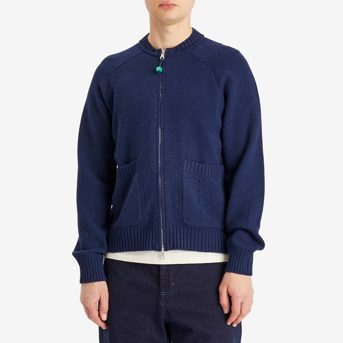 Folk Men's Pointelle Knit Bomber Jacket in Navy Melange Folk