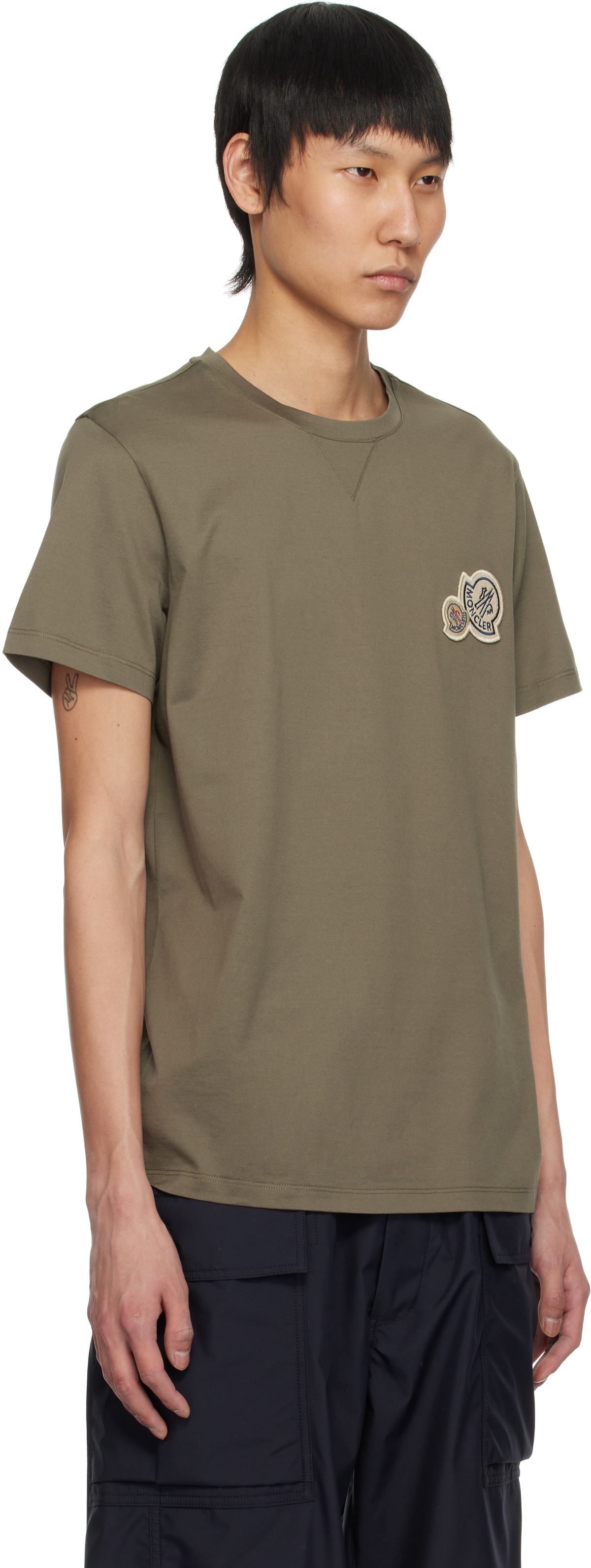 Moncler Khaki Double Logo Patch Cotton T-shirt Moncler