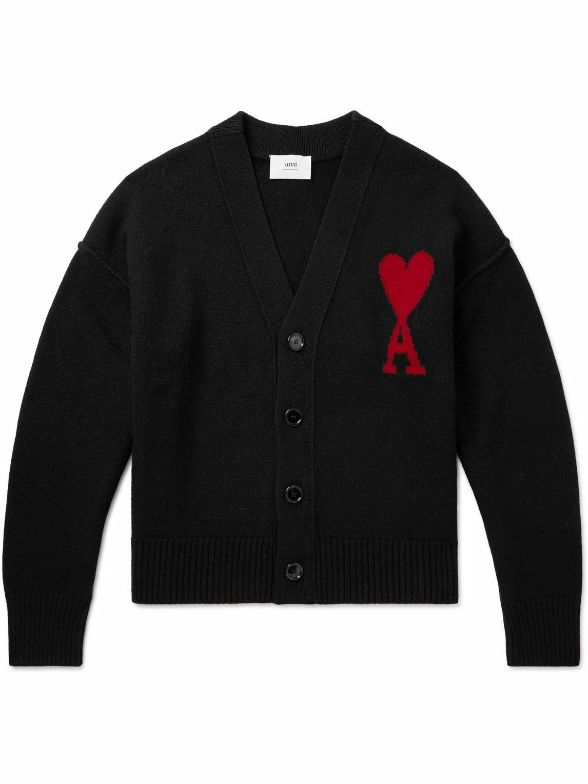 AMI PARIS - Logo-Intarsia Merino Wool Cardigan - Black AMI