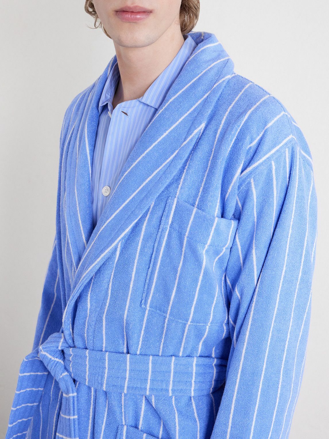 TEKLA - Belted Striped Organic Cotton-Terry Robe - Blue Tekla Fabrics