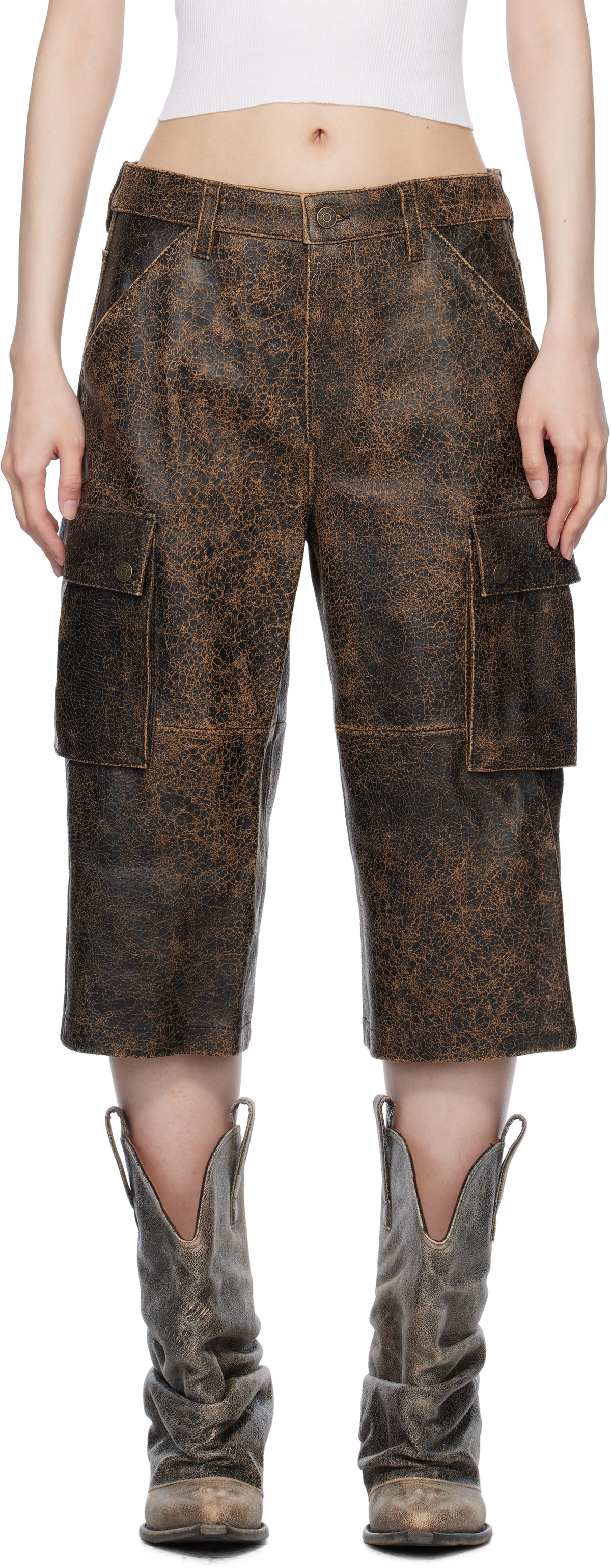 GUESS USA Brown Crackled Leather Cargo Shorts GUESS