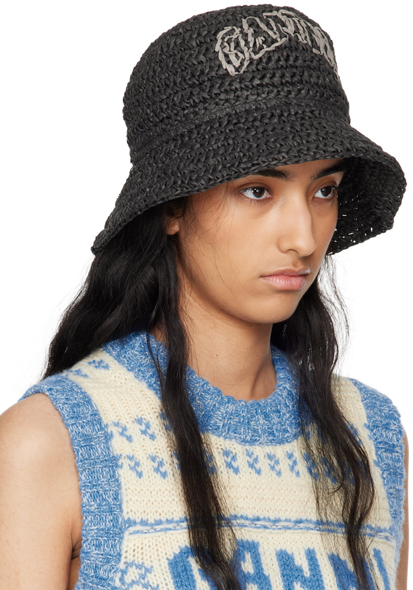 GANNI Black Summer Straw Beach Hat GANNI