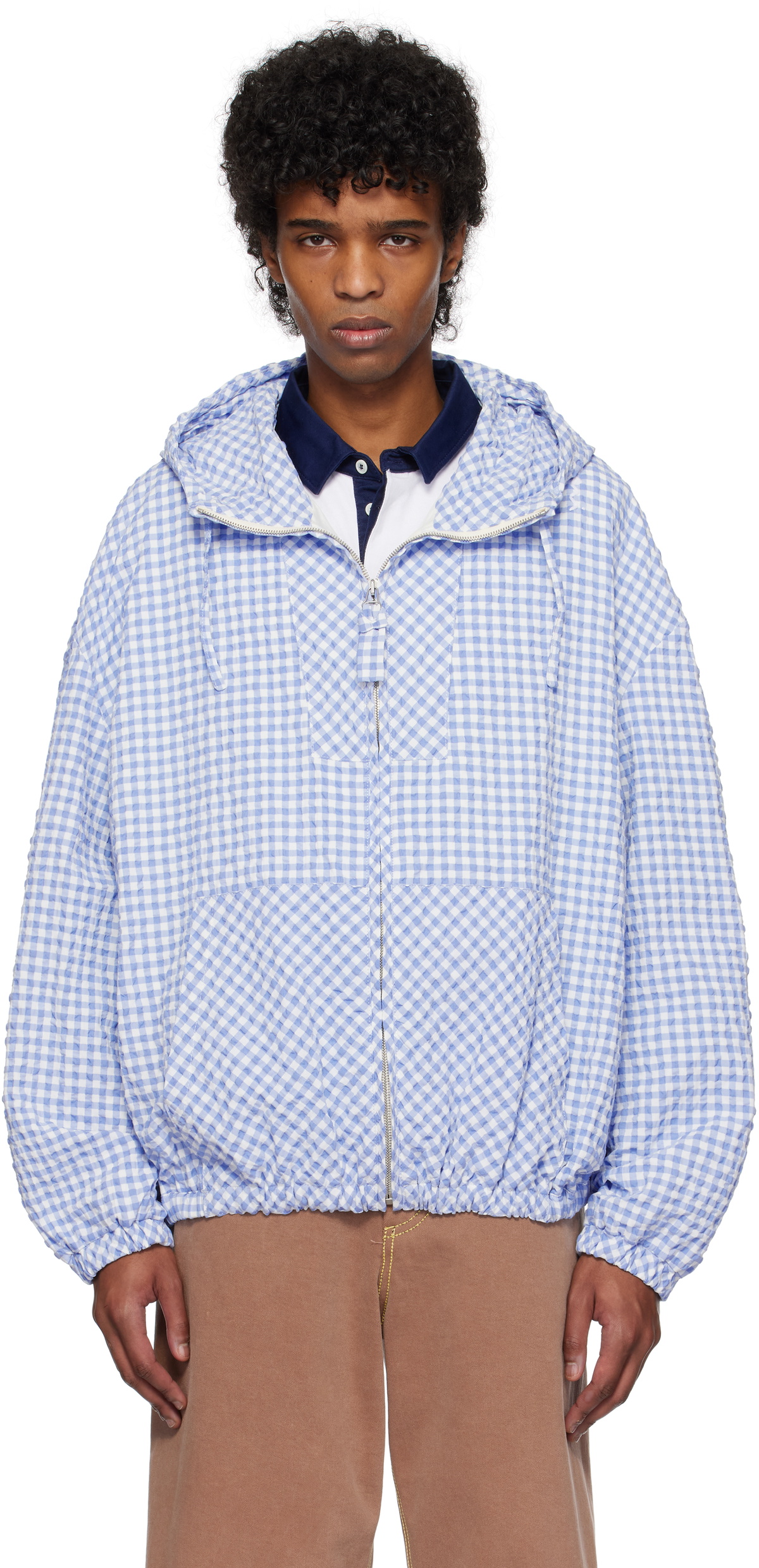 Marni Blue & White Gingham Seersucker Hooded Jacket Marni