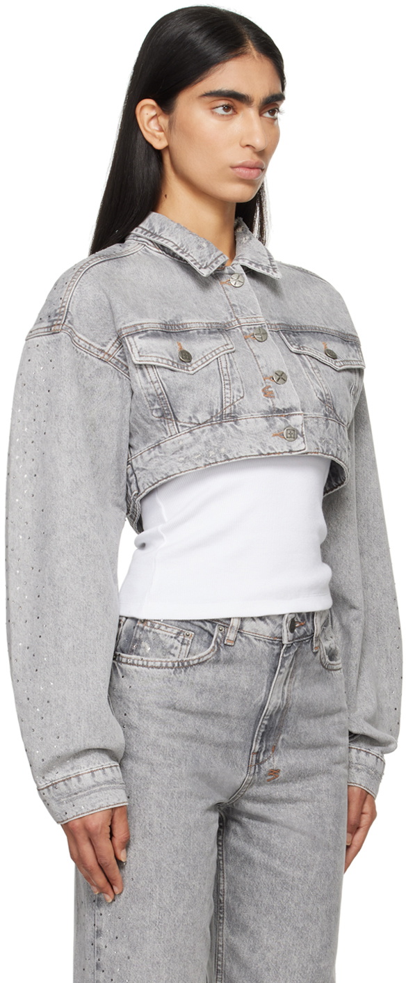 Ksubi Gray Supercrop Trucker Dime Krystal Denim Jacket Ksubi