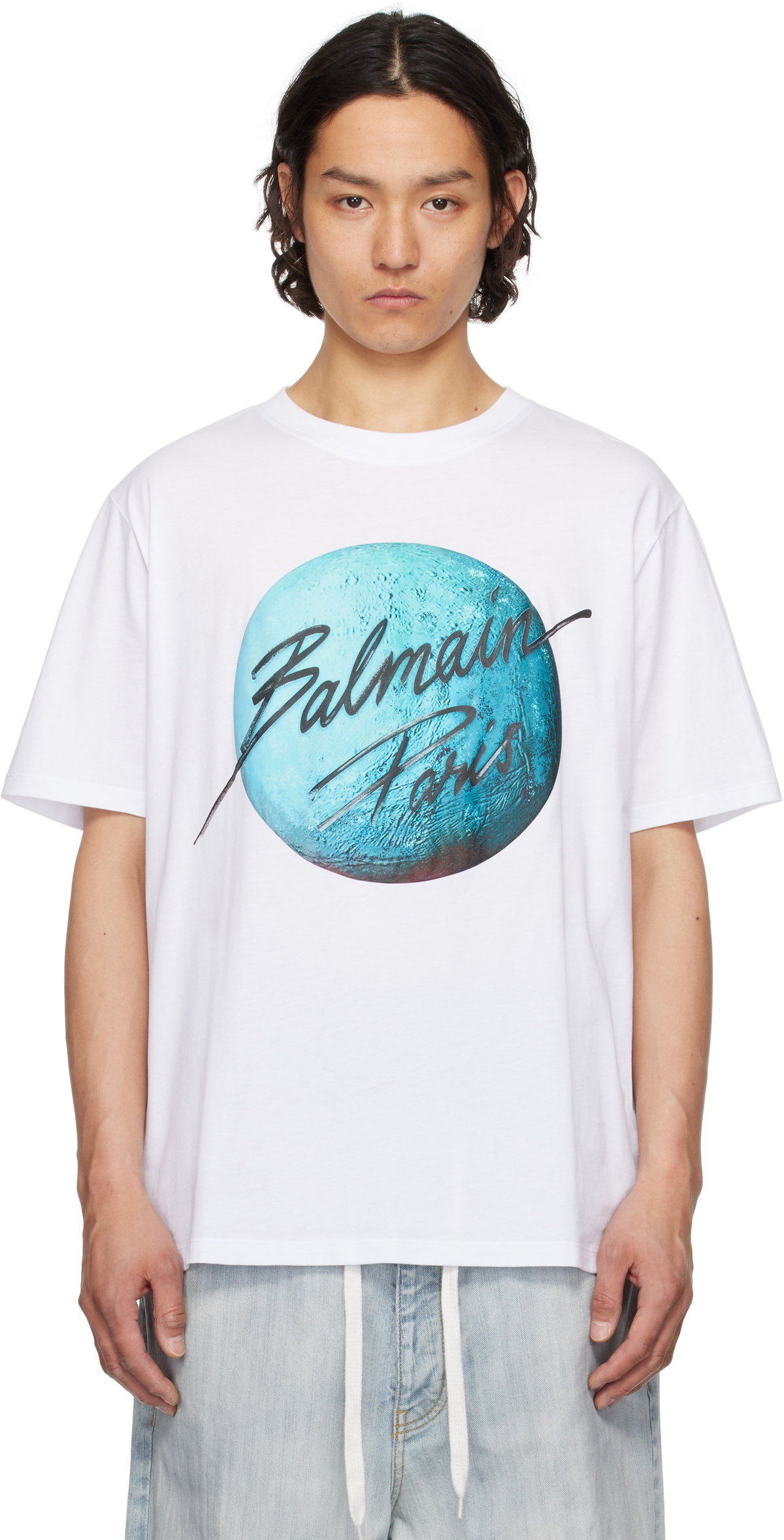 Balmain White Printed 'Balmain Paris' Logo & Planet T-shirt Balmain