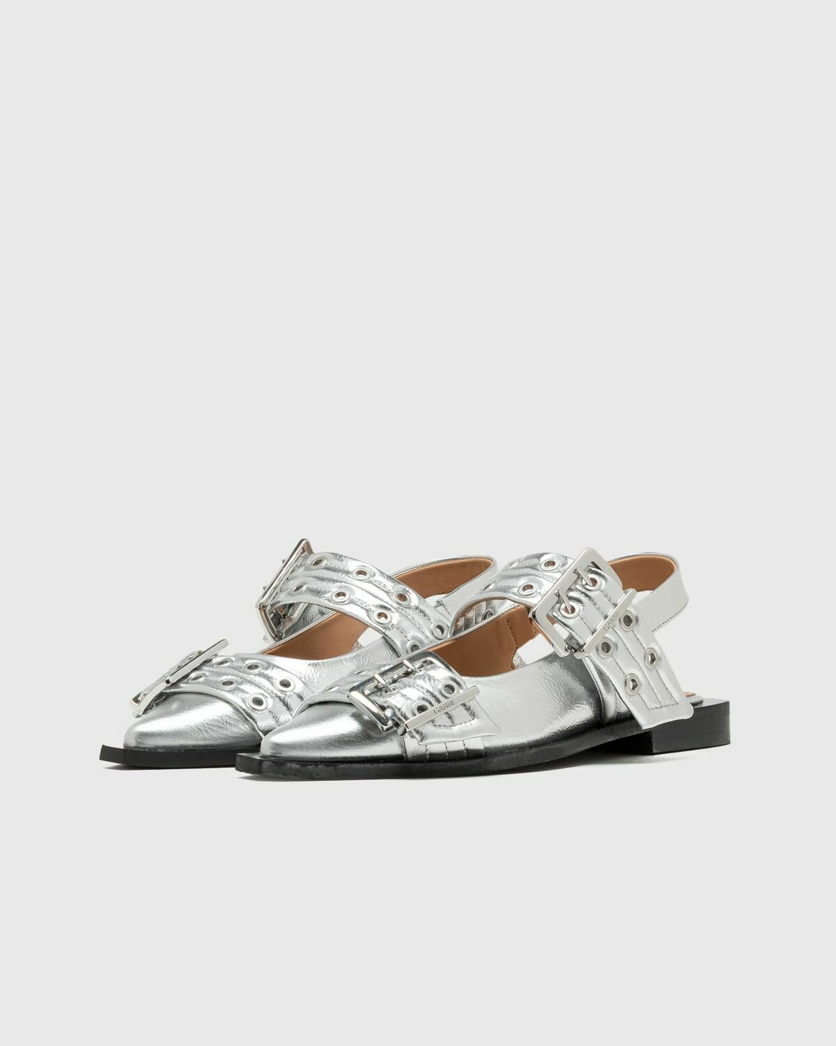 Ganni Feminine Buckle Ballerina Metallic Silver Casual Shoes/Sandals ...