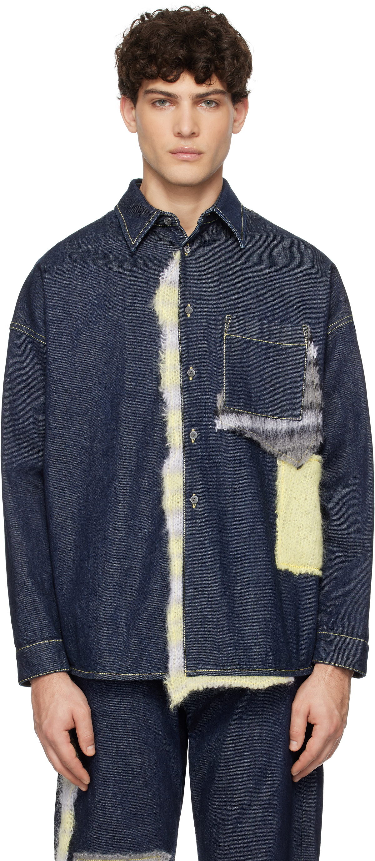 Marni Blue Wool Patched Bull Denim Shirt Marni