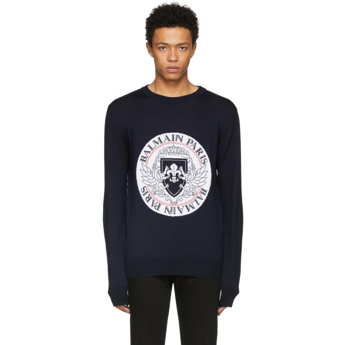 Balmain Navy Coin Intarsia Sweater Pierre Balmain