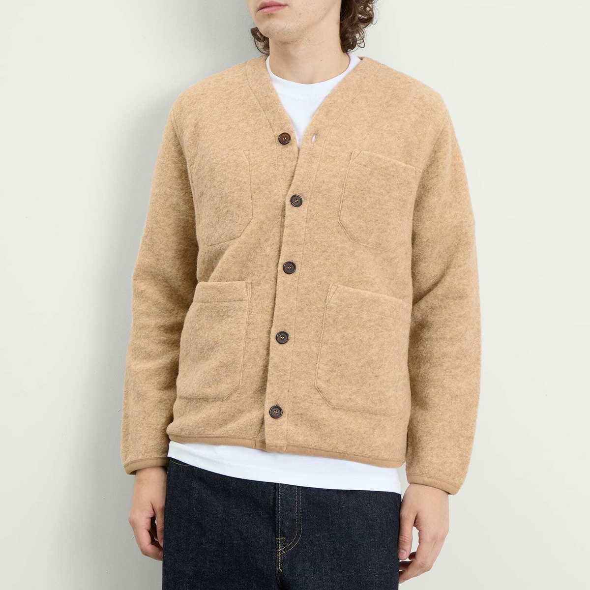 Universal Works Men's Wool Fleece Cardigan in Fawn Universal Works
