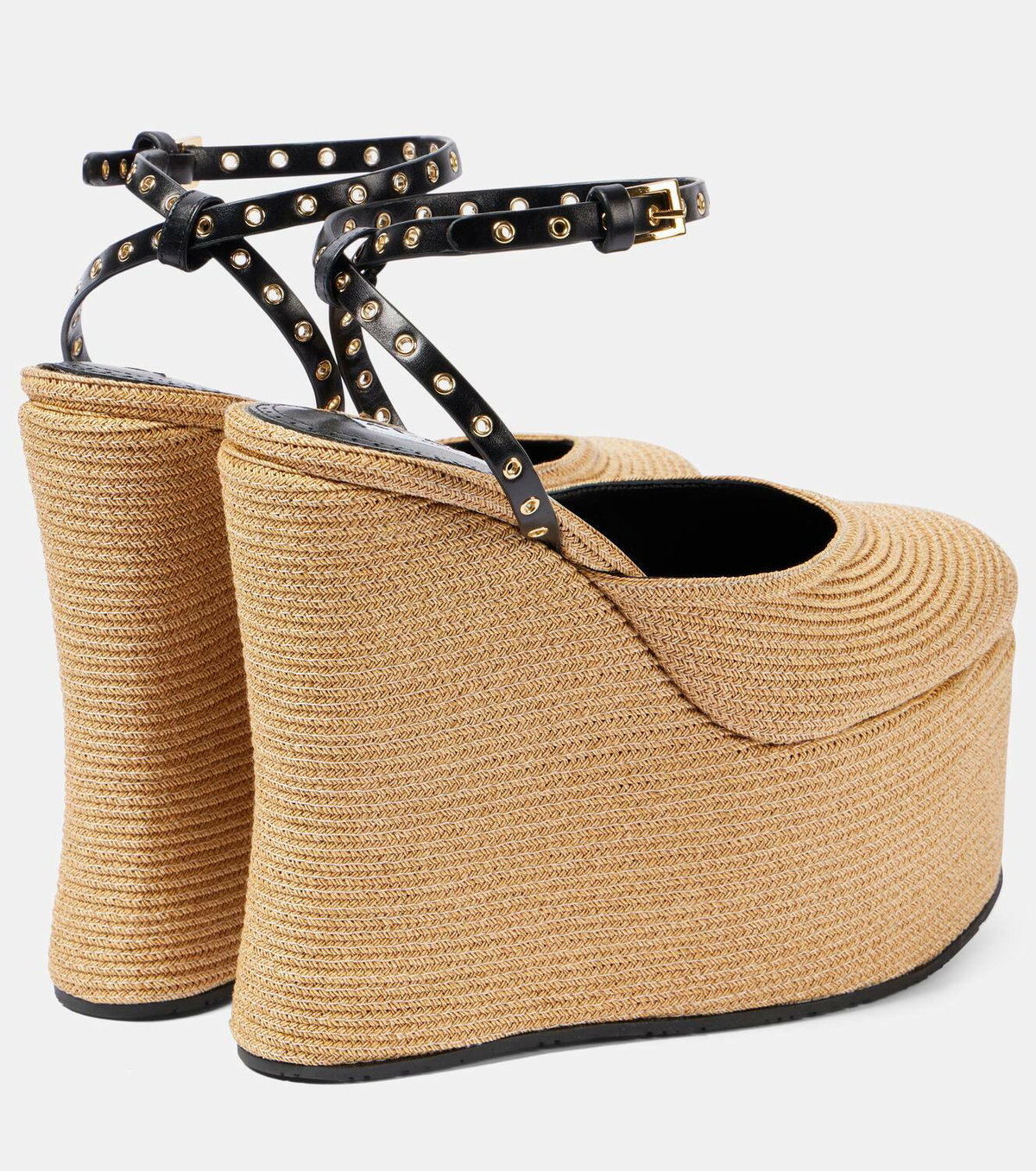 Alaïa Leather-trimmed raffia wedge sandals ALAÏA