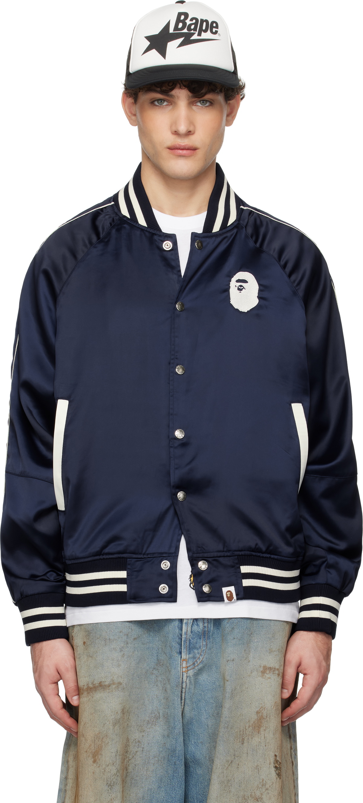 BAPE Navy 'A Bathing Ape' Nylon Varsity Bomber Jacket A Bathing Ape
