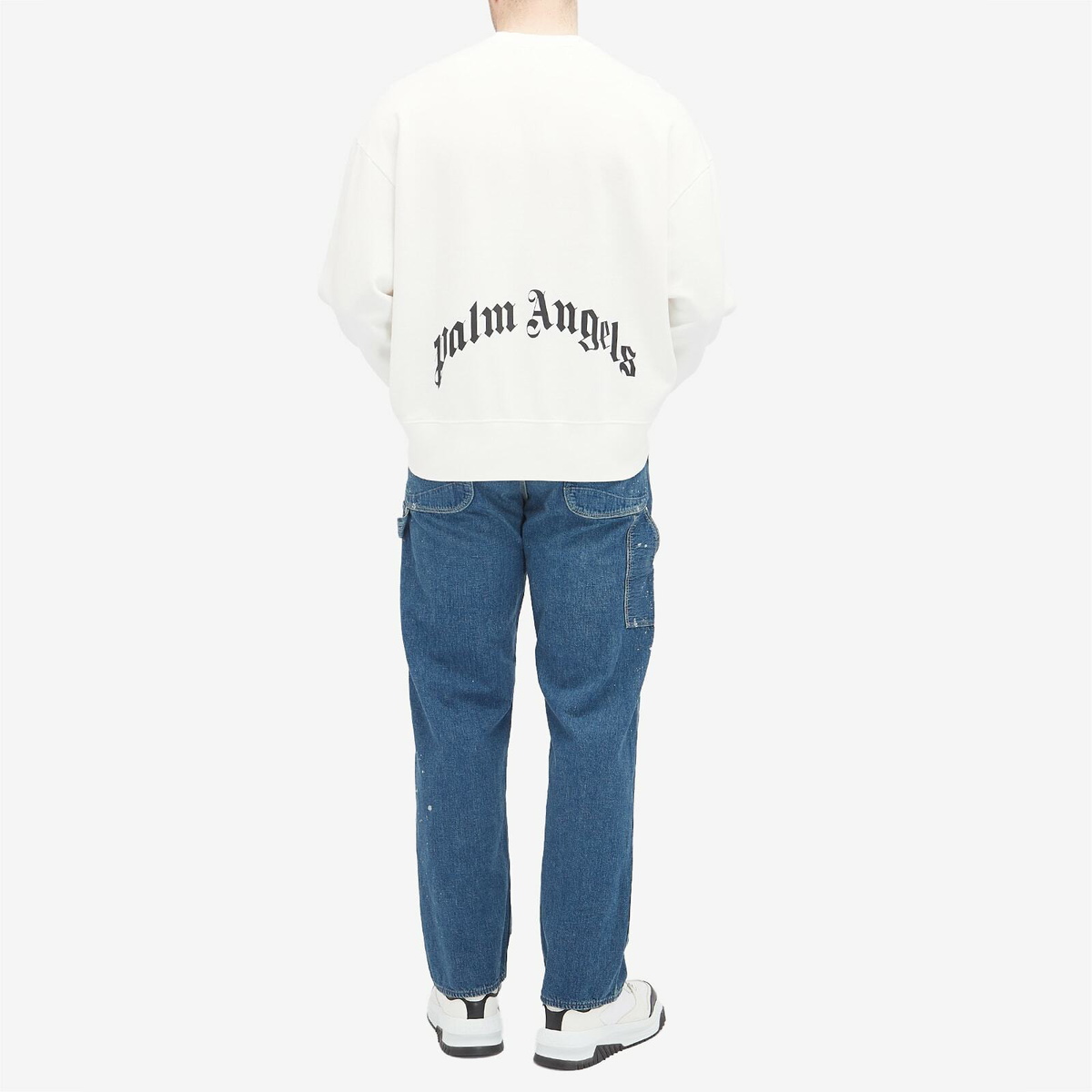 Palm Angels Men's Curved Logo Crew Sweat in Off White/Black Palm Angels