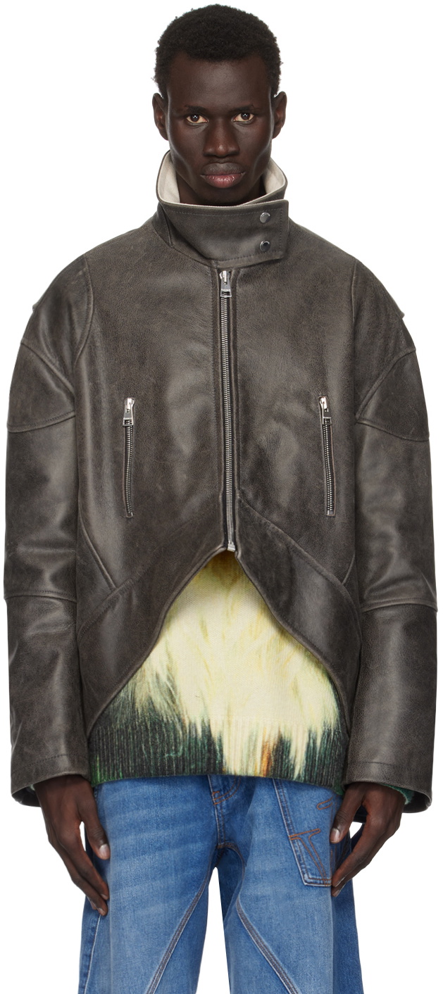 JW Anderson Gray Curved Hem High Neck Leather Jacket JW Anderson