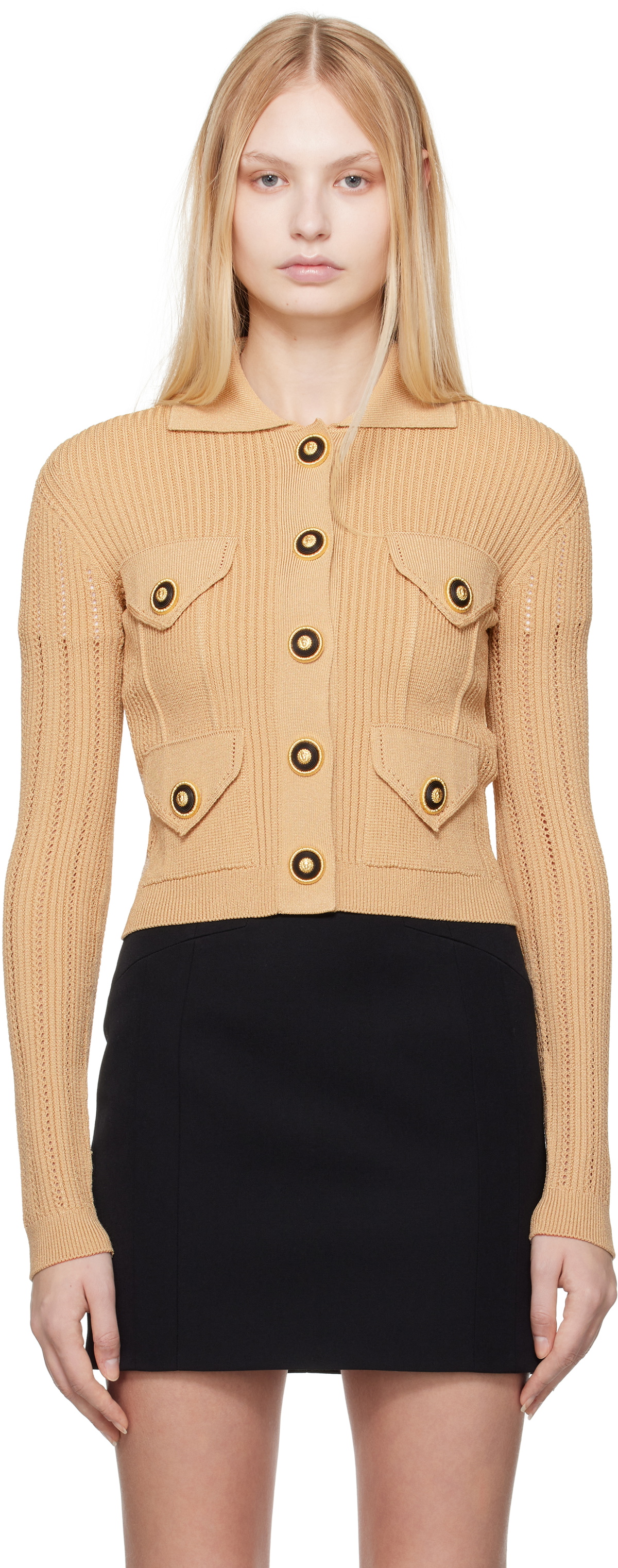 Balmain Tan Cropped Ribbed Knit Cardigan Balmain
