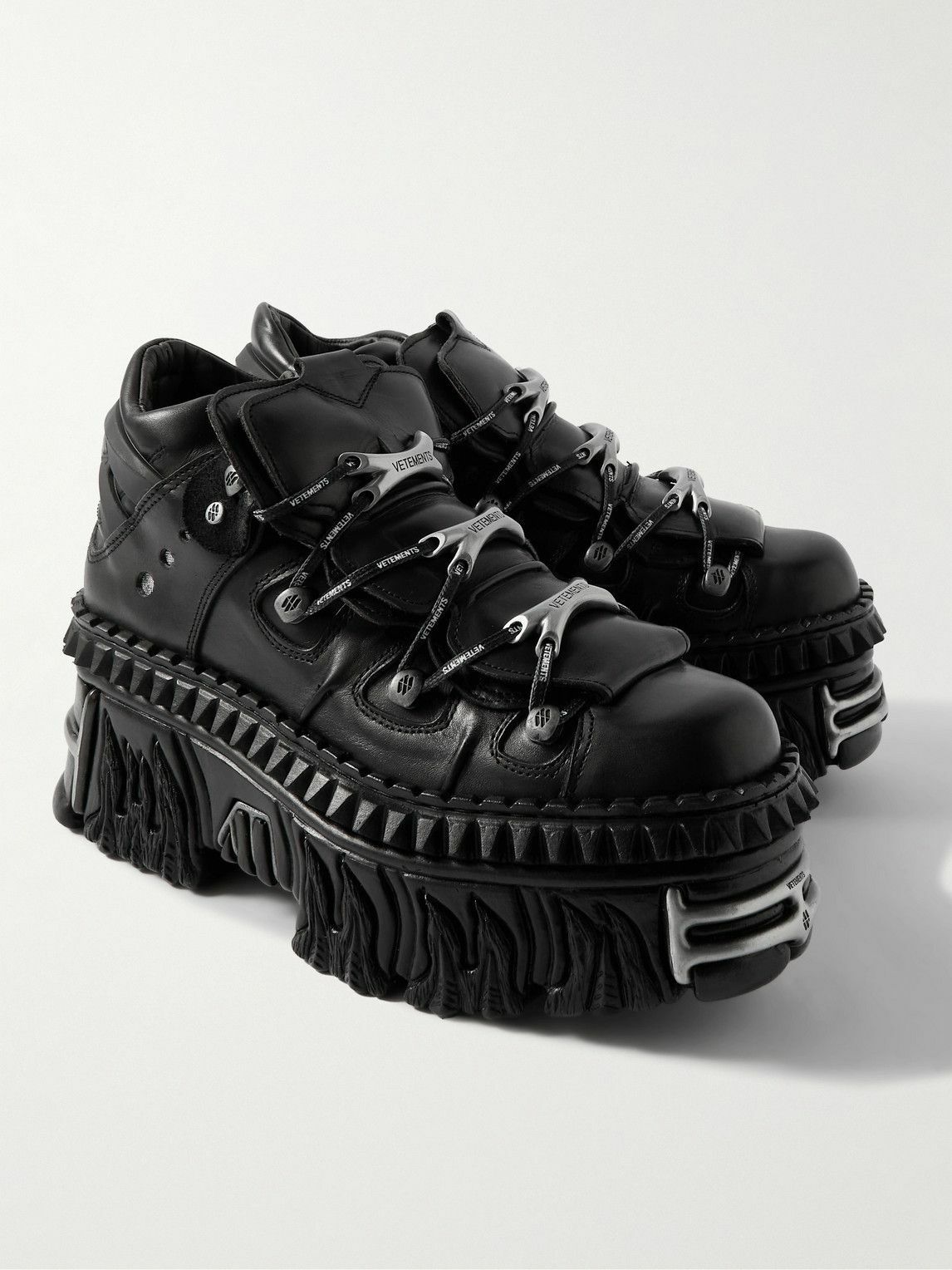 VETEMENTS - New Rock Embellished Leather Platform Sneakers - Black ...