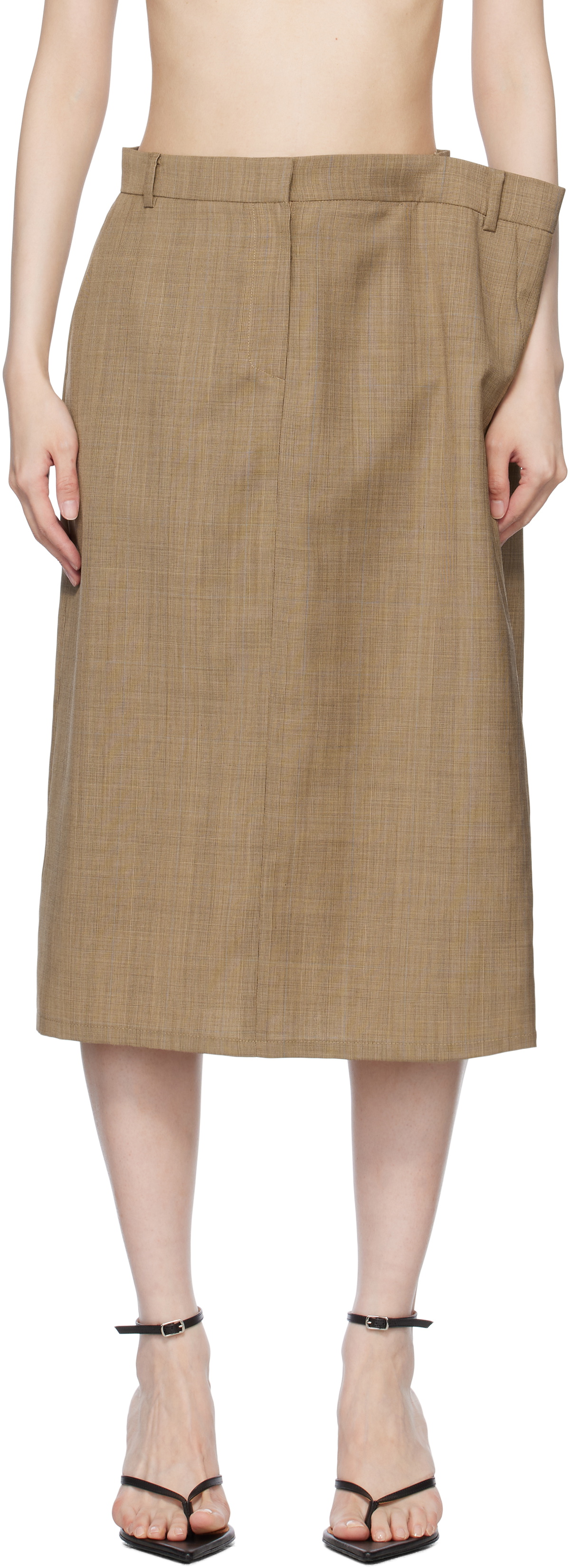 Pushbutton Beige Side Folded H Line Midi Skirt Pushbutton