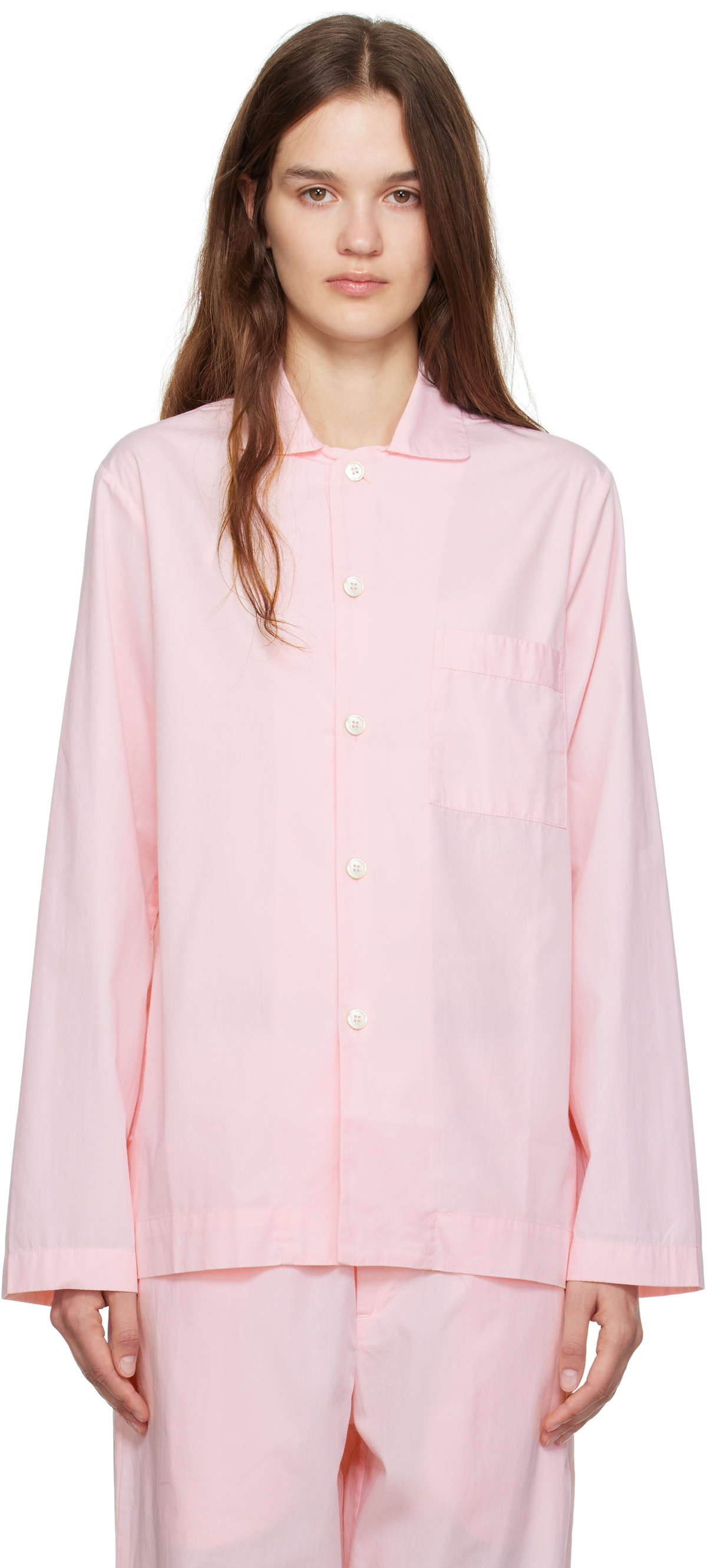 Tekla Pink Poplin Long-Sleeved Pyjama Shirt Tekla Fabrics