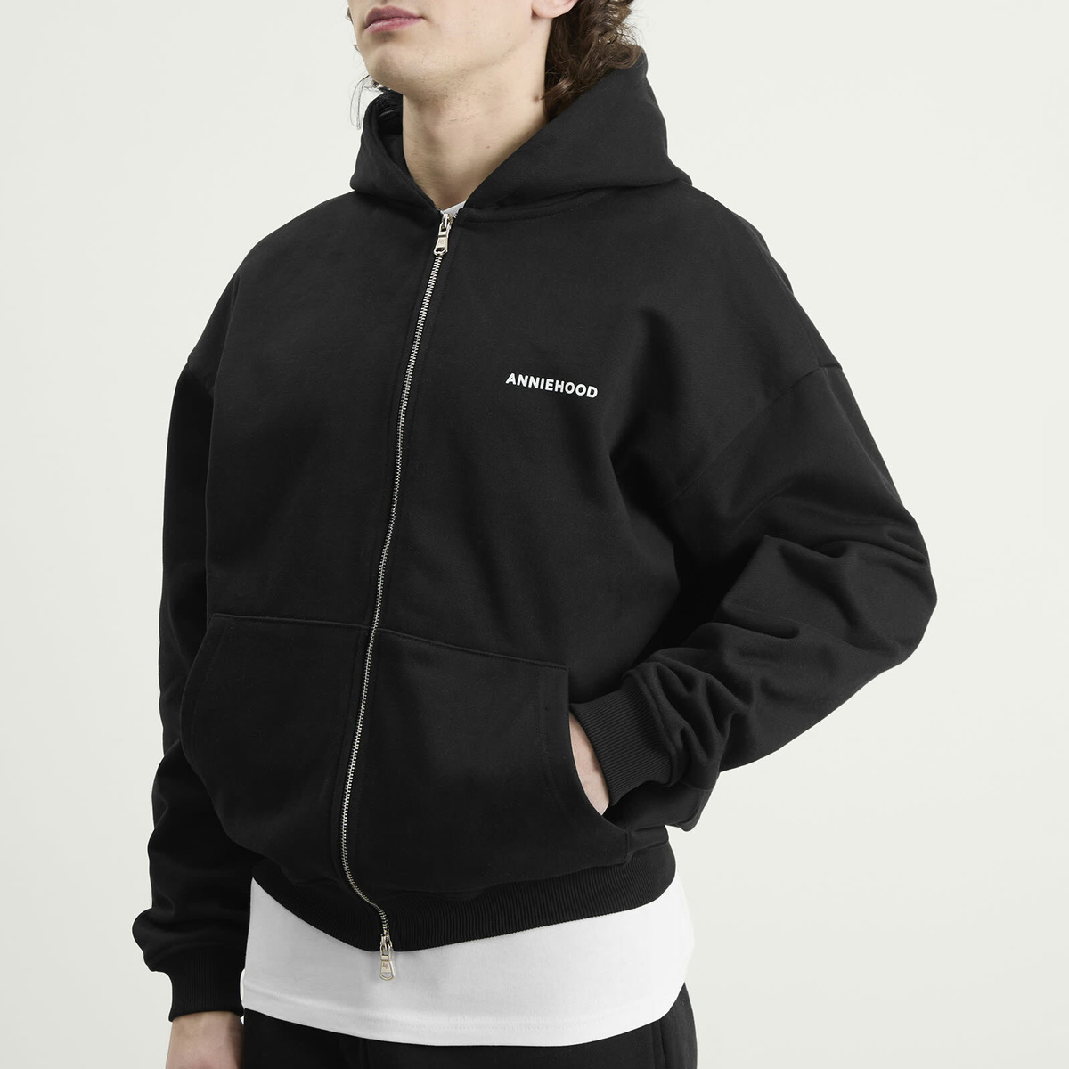 ANNIE HOOD Men's Mini Logo Zip Hoodie in Black ANNIE HOOD