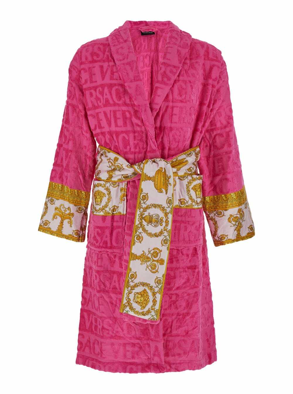 Versace Pink Bathrobe With Baroque Pattern In Terry Cotton Versace