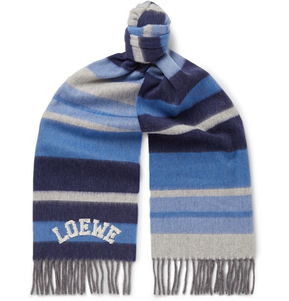 Loewe - Logo-Appliquéd Striped Wool Scarf - Blue Loewe