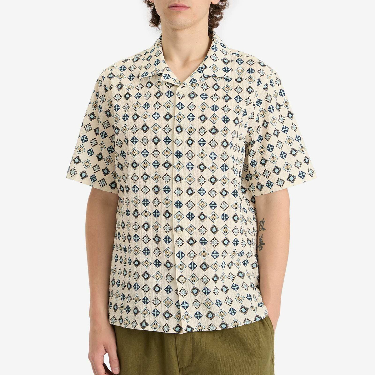 Wax London Men's Didcot Geo Tile Vacation Shirt in Ecru/Multi Wax London