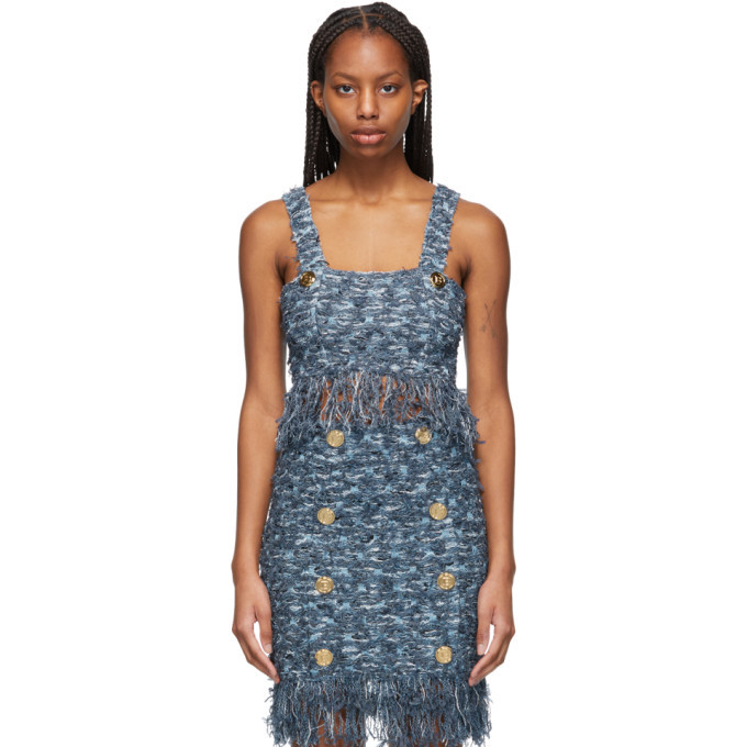 Balmain Blue Tweed Cropped Tank Top Balmain