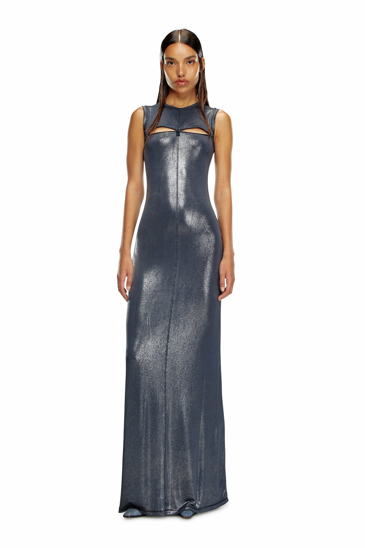 Diesel Long metallic dress with zip details - Dresses Womens in Blue Diesel