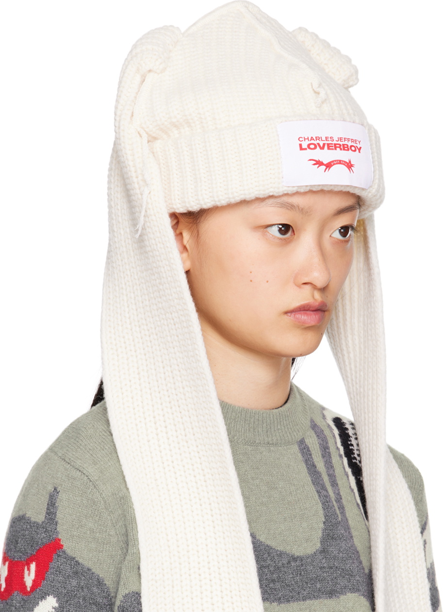 Charles Jeffrey LOVERBOY Off-White Extra Long Rabbit Ears Beanie ...