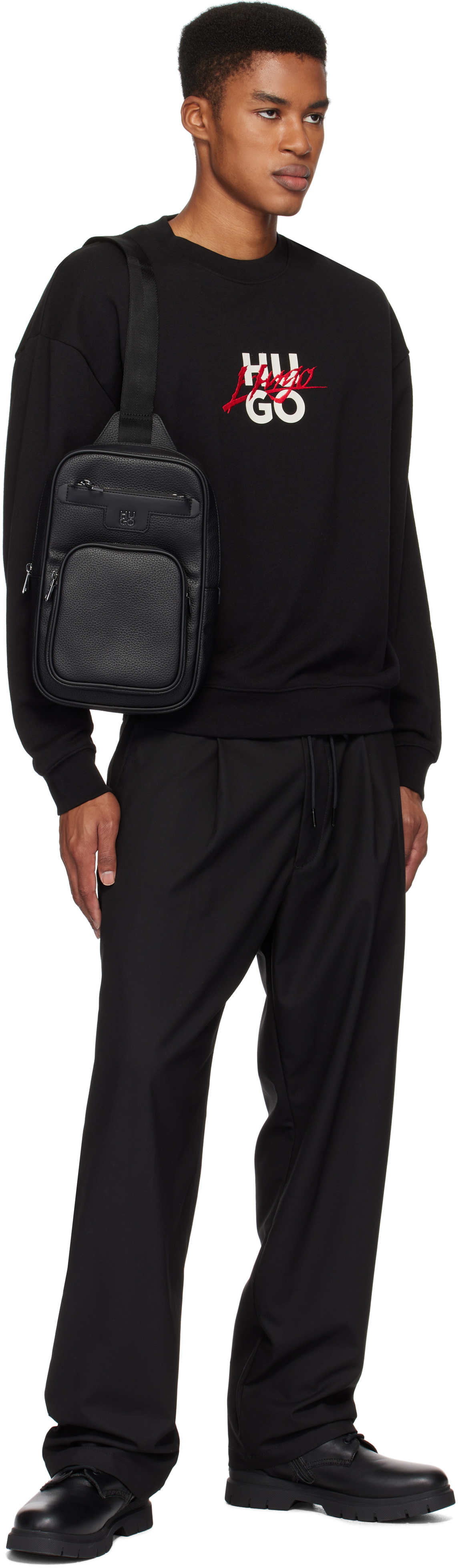 Hugo Black Grained Mono-Strap Backpack Hugo Boss