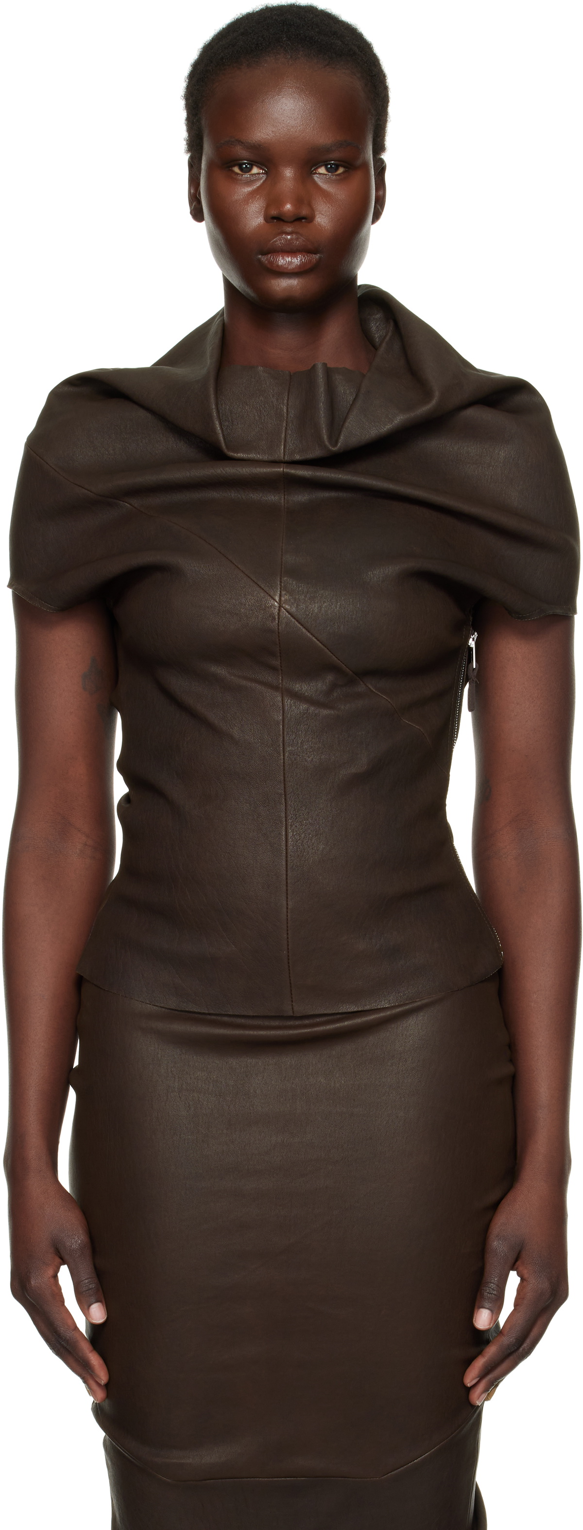 Rick Owens Brown Hollywood Shroud Leather T-shirt Rick Owens