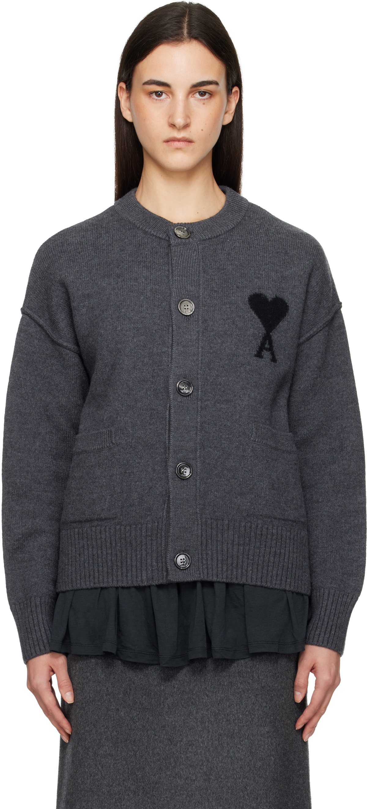 AMI Paris Gray Felted Merino Wool Knit Ami de Coeur Cardigan AMI