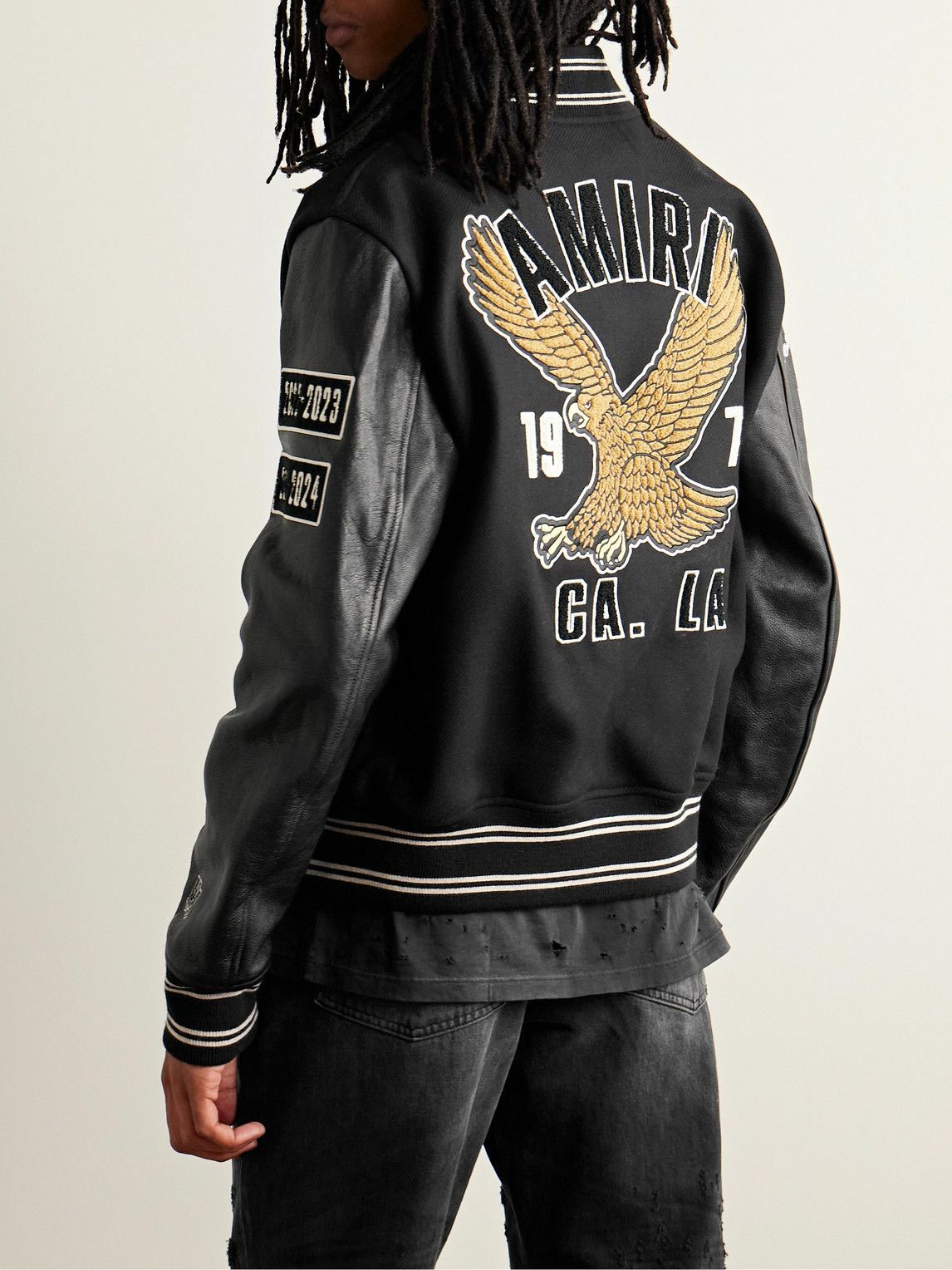 AMIRI - Appliquéd Embroidered Leather and Melton Wool-Blend Varsity ...