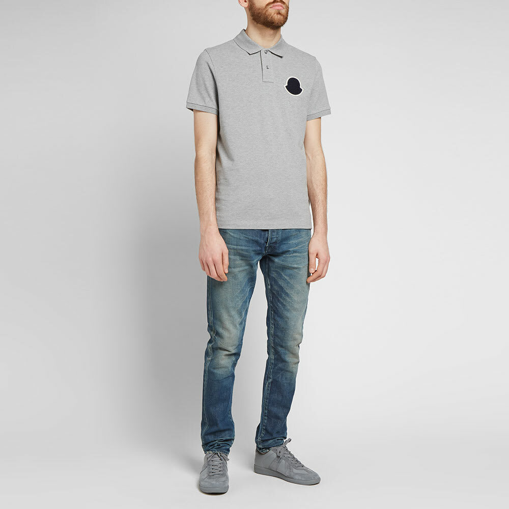Moncler Men's Large Terry Logo Polo Shirt in Grey/Blue Moncler