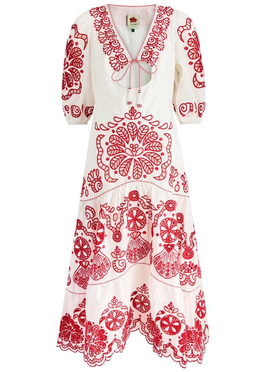Farm Rio Richelieu Embroidered Cotton Maxi Dress White Farm Rio