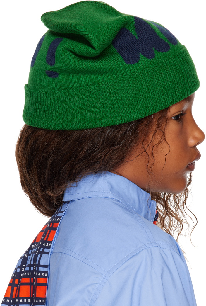 Marni Kids Green & Navy Logo Beanie Marni
