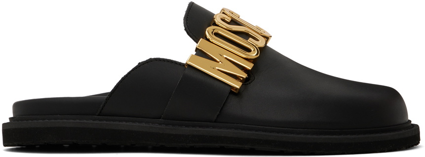 Moschino Black Lettering Logo Calfskin Mules Moschino