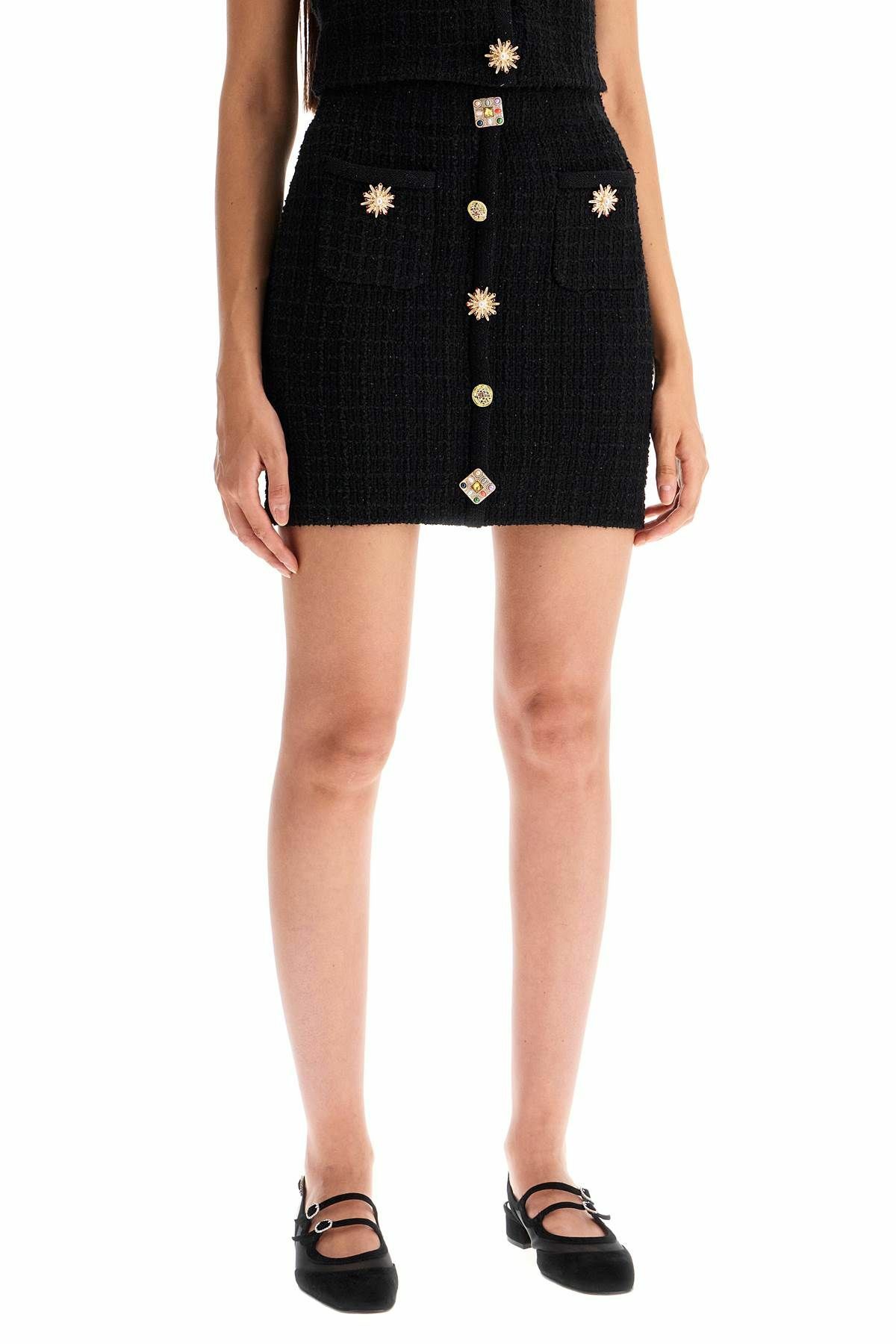 SELF PORTRAIT "knitted mini skirt with jewel buttons Black Self-Portrait