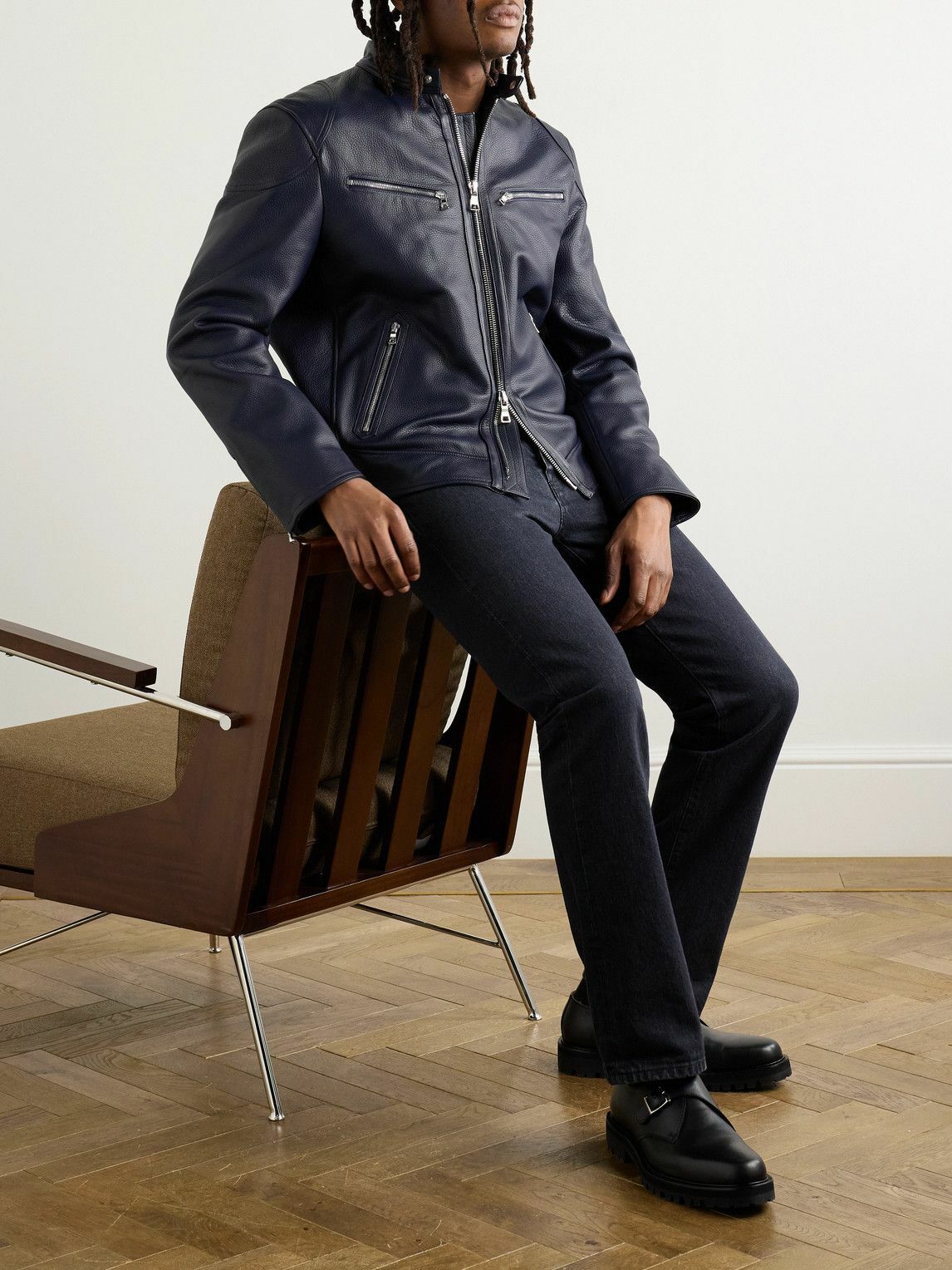 Mr P. - Slim-Fit Full-Grain Leather Jacket - Blue Mr P.