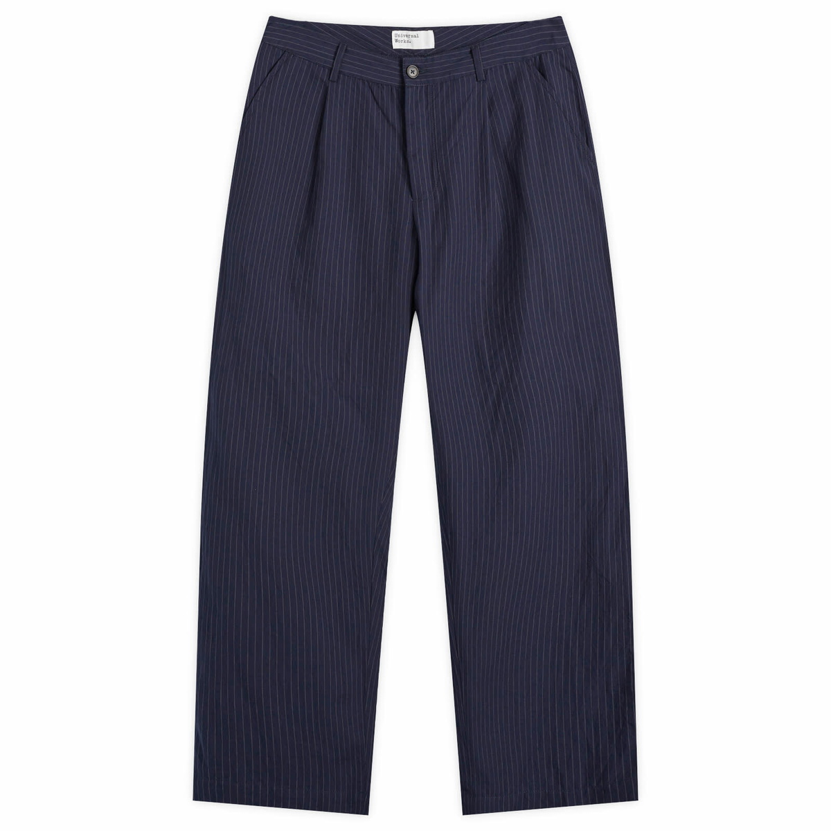 Universal Works Men's Pinstripe Pleated Duke Pants in Navy Universal Works