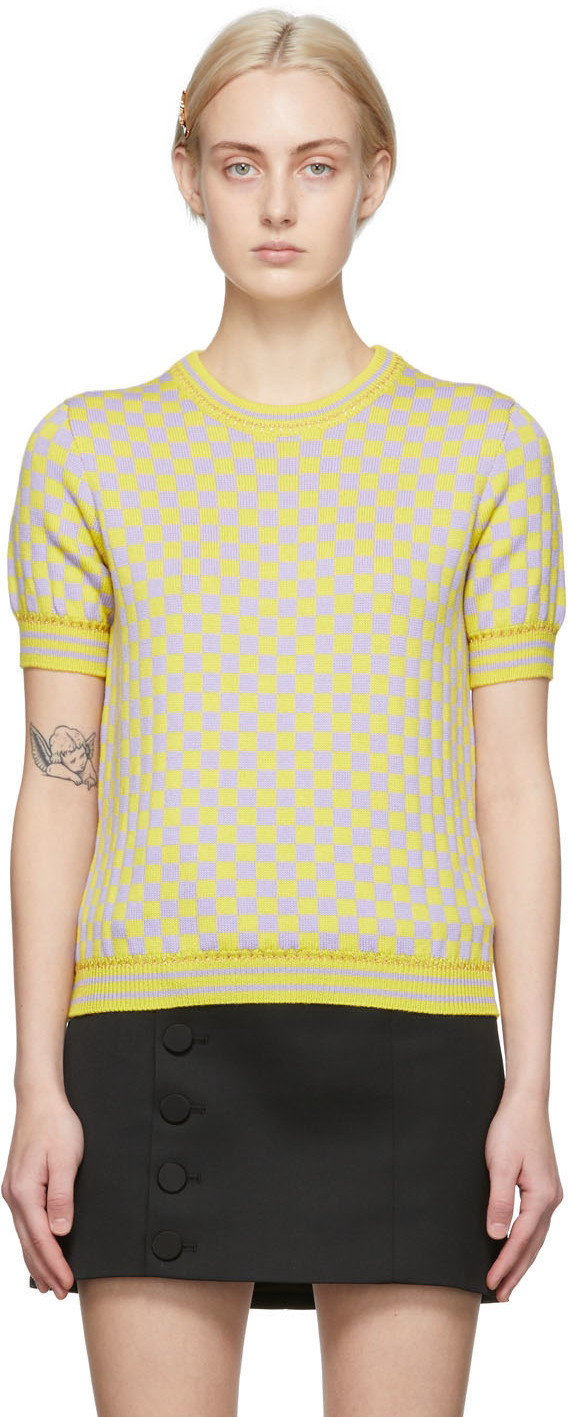 Versace Yellow & Purple Checker Knit Sweater Versace