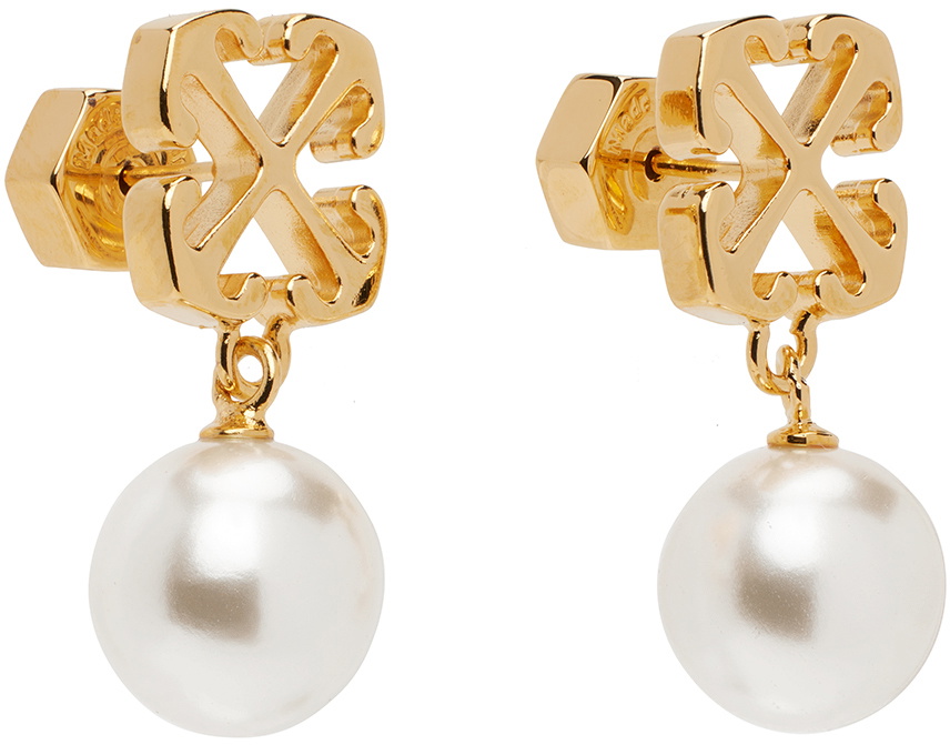 Off-White Gold Pearl Arrow Earrings Off-White