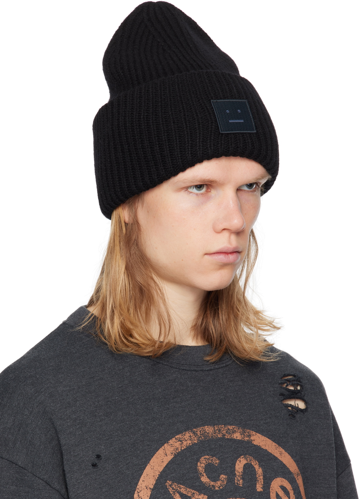 Acne Studios Black Large Face Logo Beanie Acne Studios