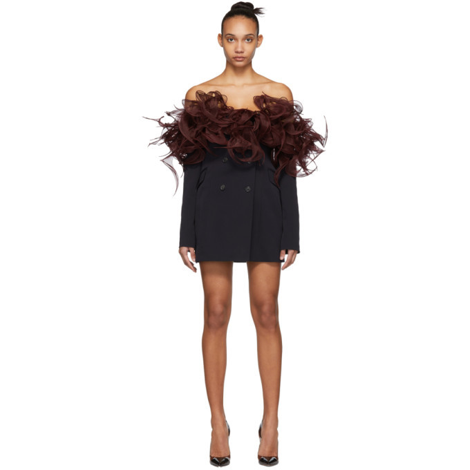 Y/Project Navy and Burgundy Leafs Off-The-Shoulder Blazer Y/Project