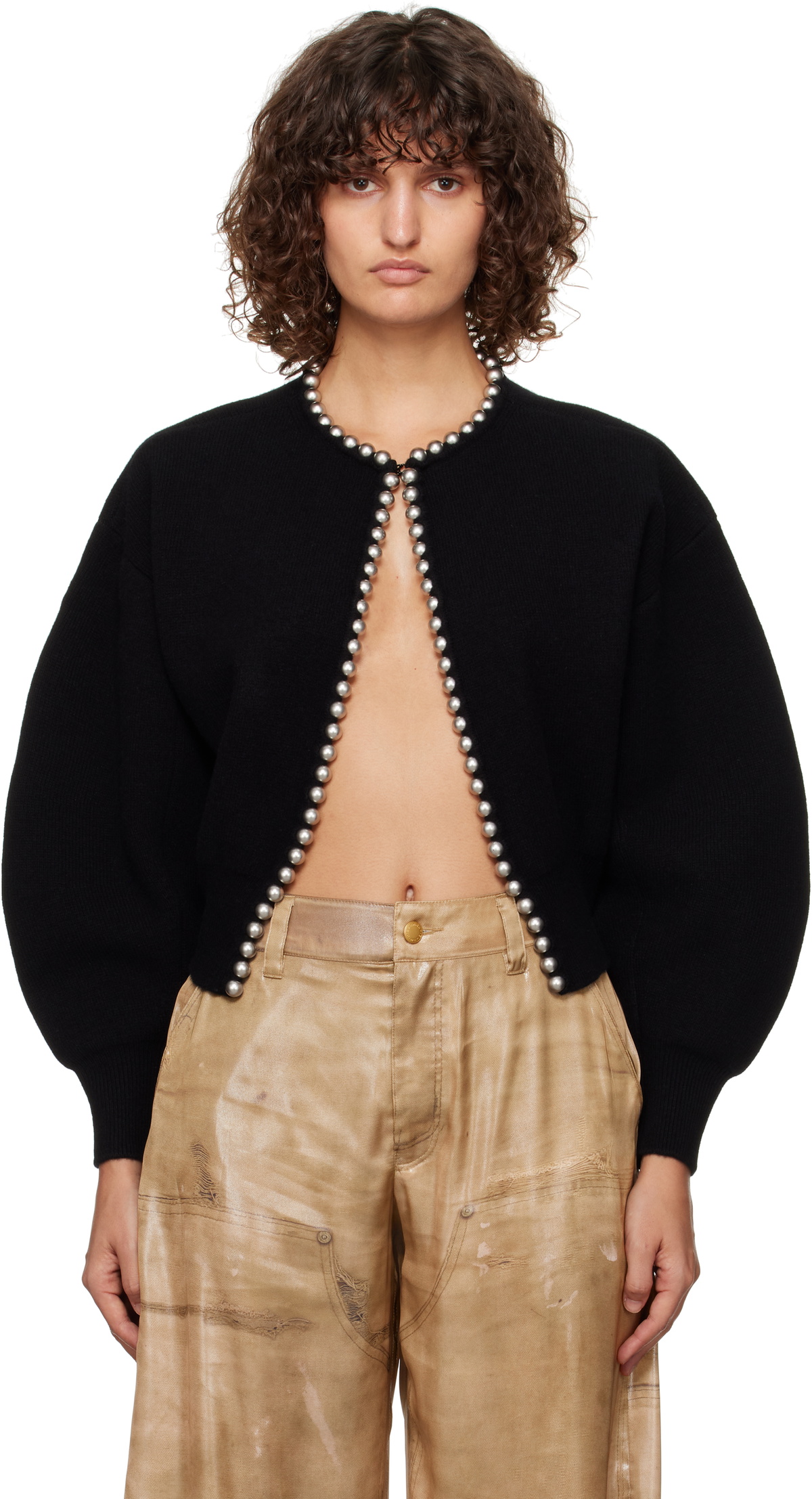 Alexander Wang Black Crewneck Ball Chain Trim Cardigan Alexander Wang