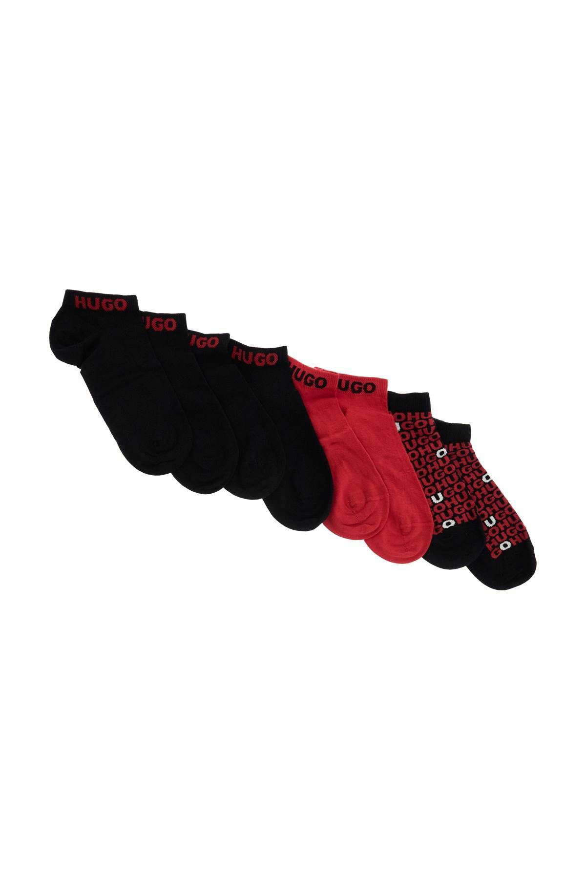 HUGO men's short socks 4 pairs cotton repeated logo black and red Black ...