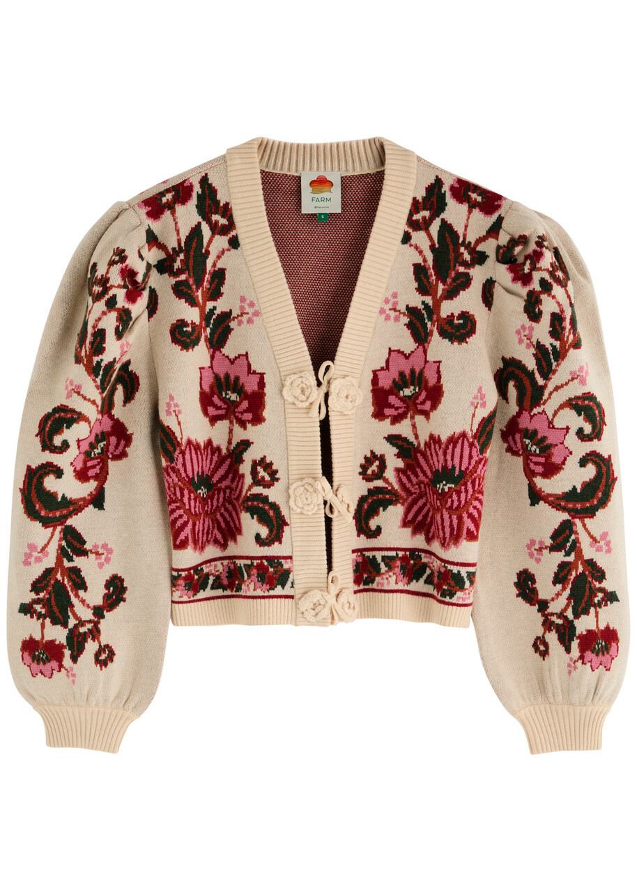 Farm Rio Ravenala Floral-intarsia Knitted Cardigan Cream Farm Rio
