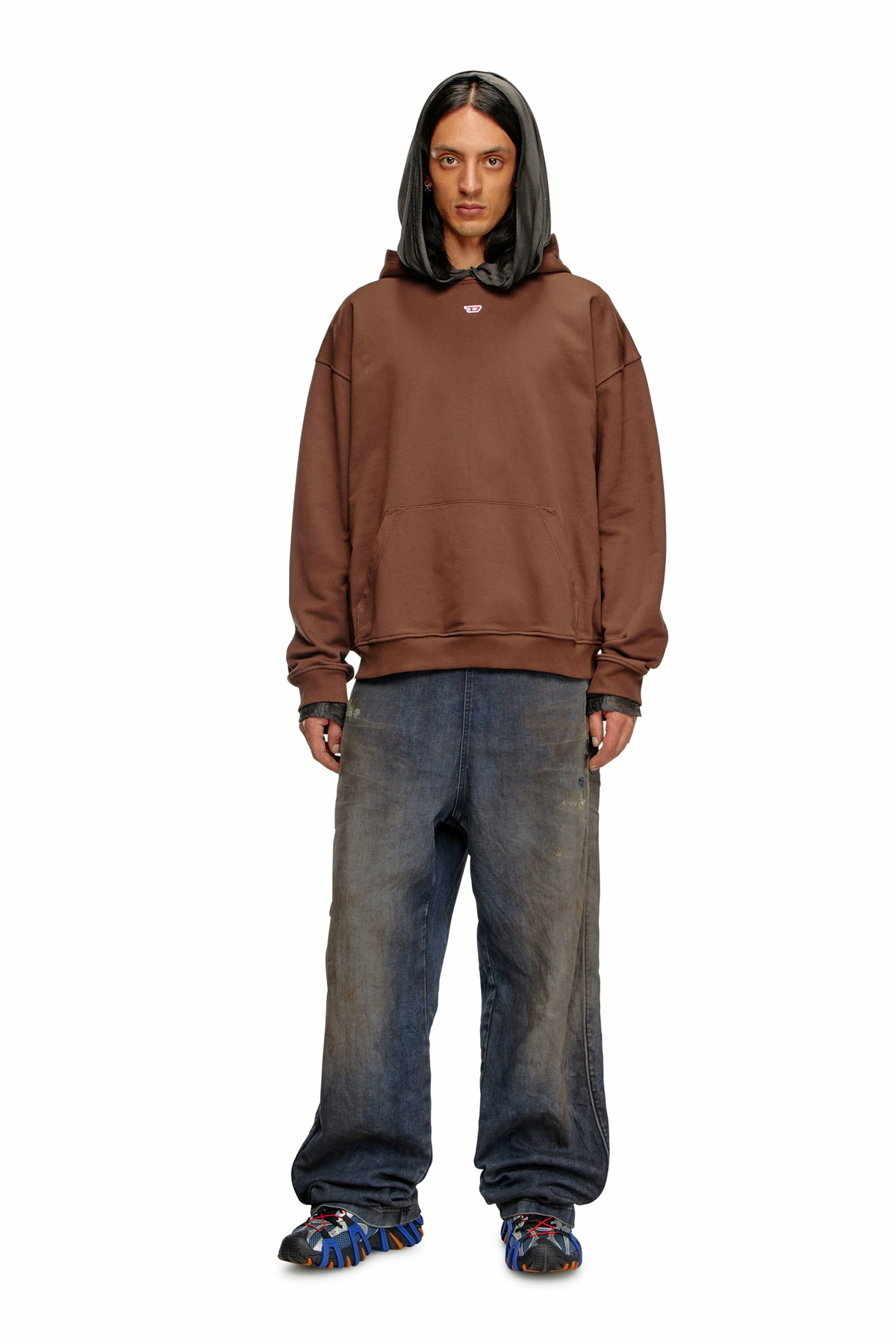 Diesel Hoodie with D logo patch - Sweaters Mens in Brown Diesel