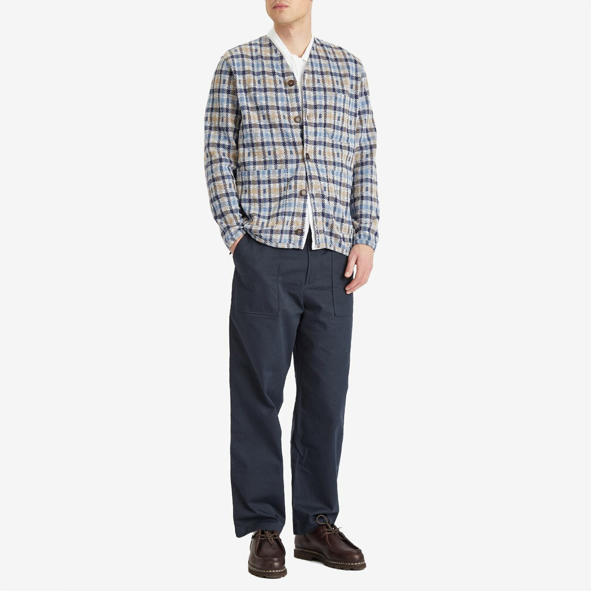 Universal Works Men's Summer Check Cardigan in Brown/Blue Universal Works