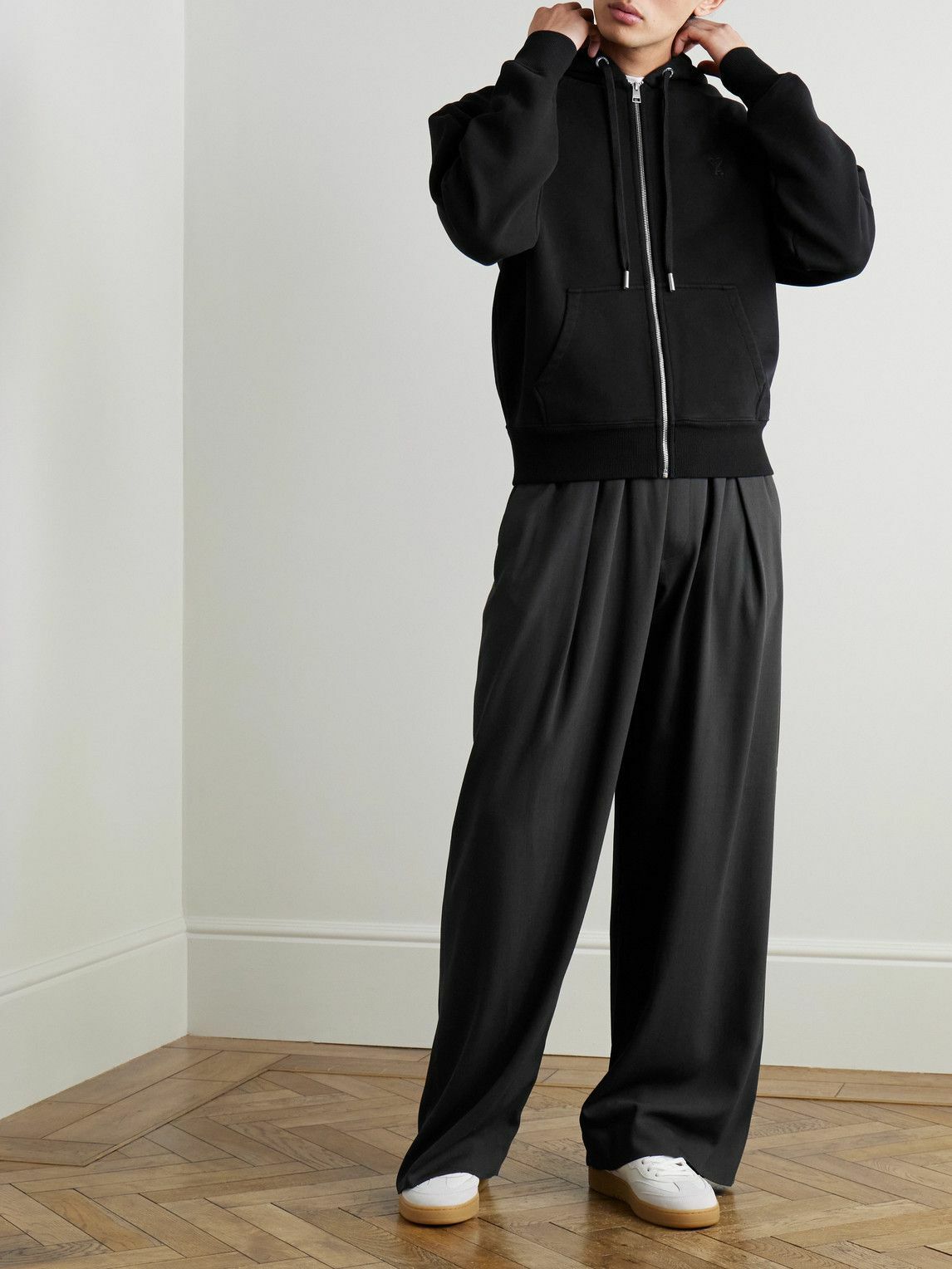 AMI PARIS - Logo-Embroidered Organic Cotton-Jersey Zip-Up Hoodie ...
